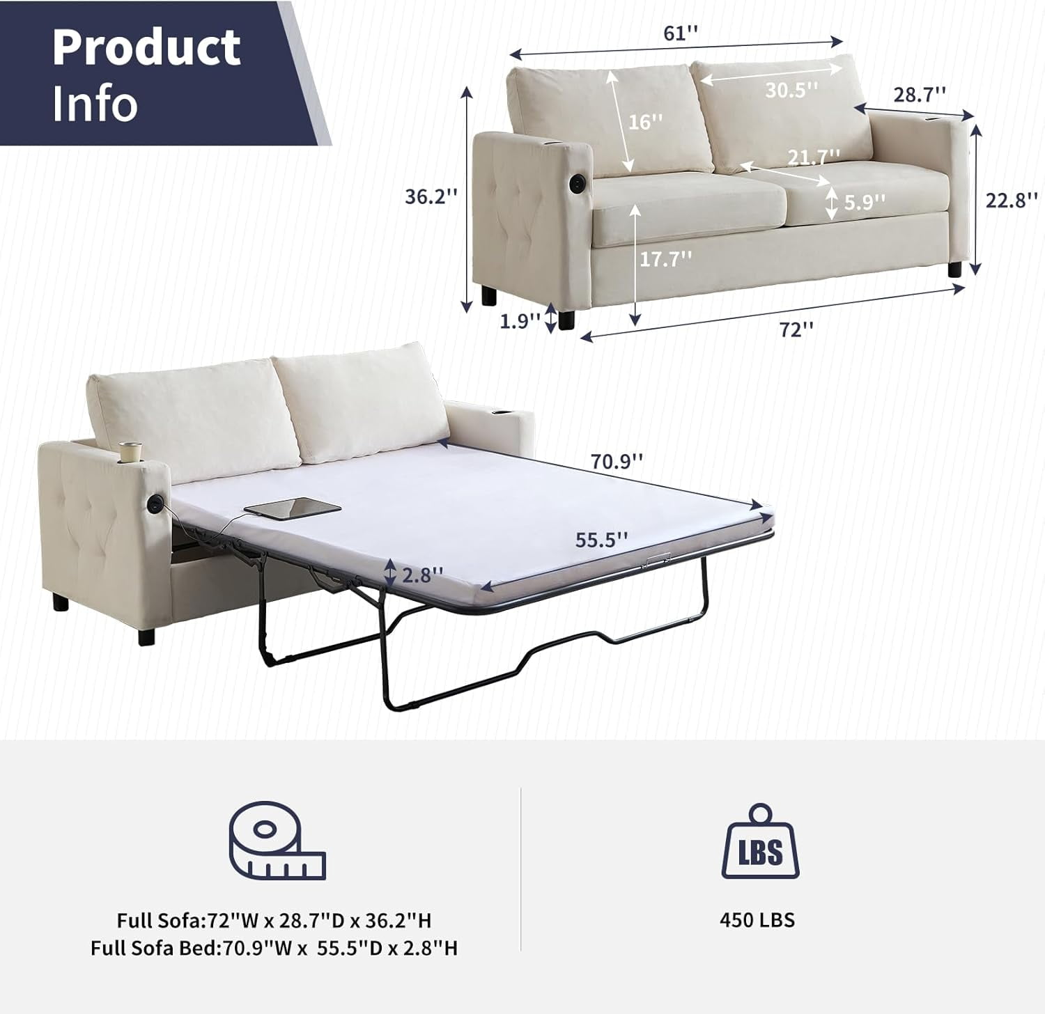 Pull Out Couch Bed, Multi-functional Sleeper Sofa with USB and Cup ...