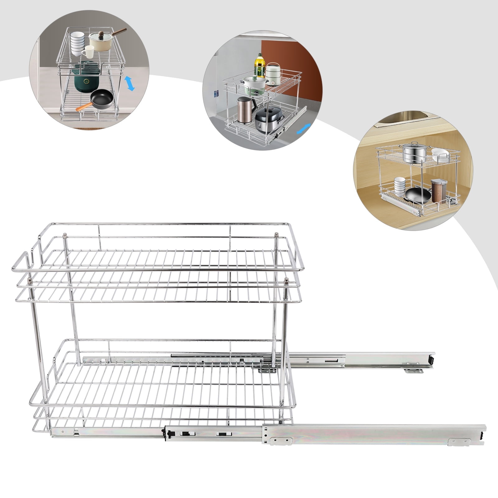 Pull Out Metal Cabinet Basket, 2-Tier Kitchen Pull-out Shelves Rack ...
