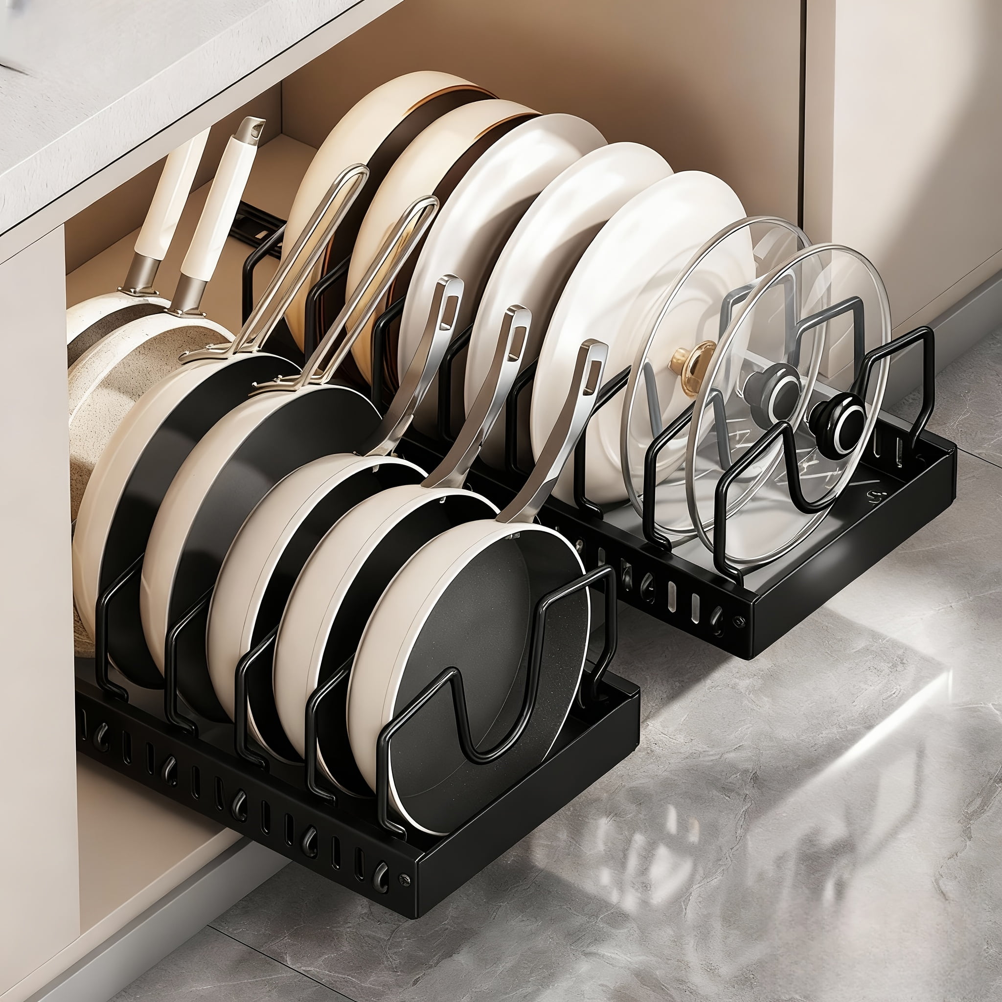 Pull-Out Pot & Pan Storage Cabinet - Slide-Out Lid/Baking Tray Rack w/8 ...