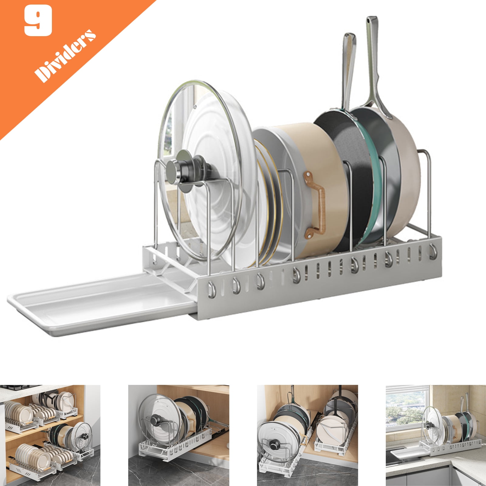 Pull Out Pots and Pans Organizer,with Drainboard & 9 Adjustable Divider ...