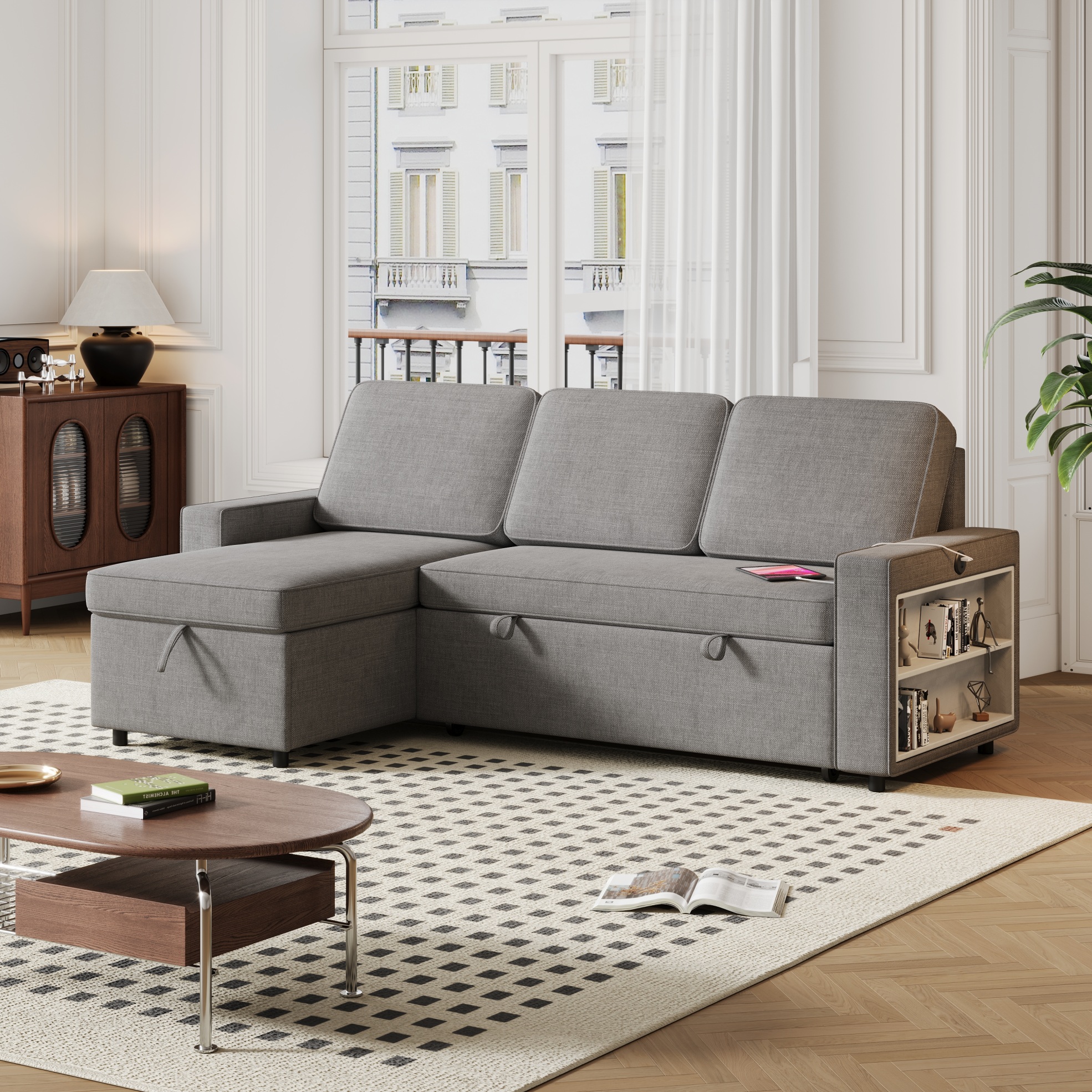 Pull Out Sleeper Sofa, L-Shaped Couch with Two Storage Racks and Built ...