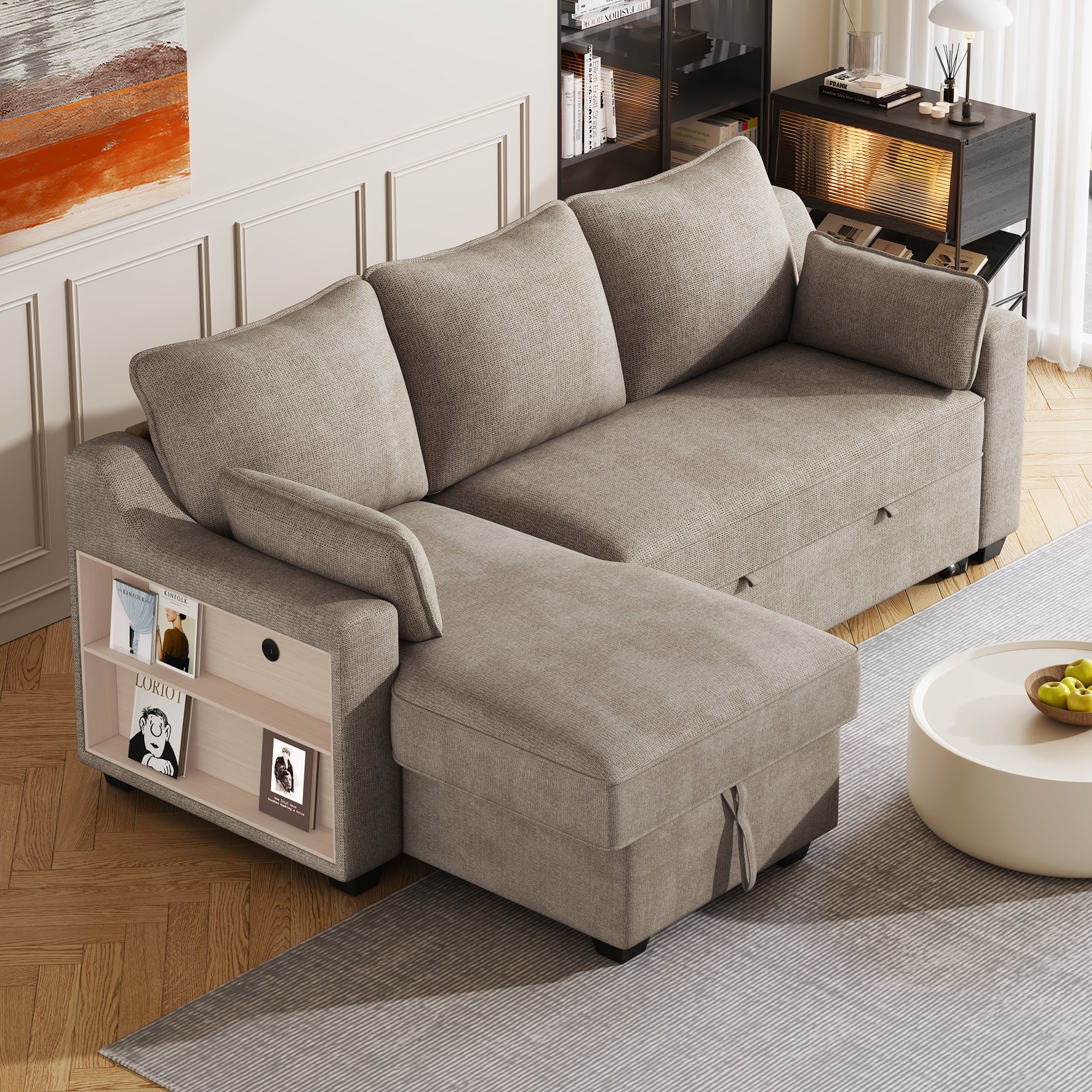 Pull Out Sleeper Sofa Modern L-Shaped Couch with Storage Racks and USB ...