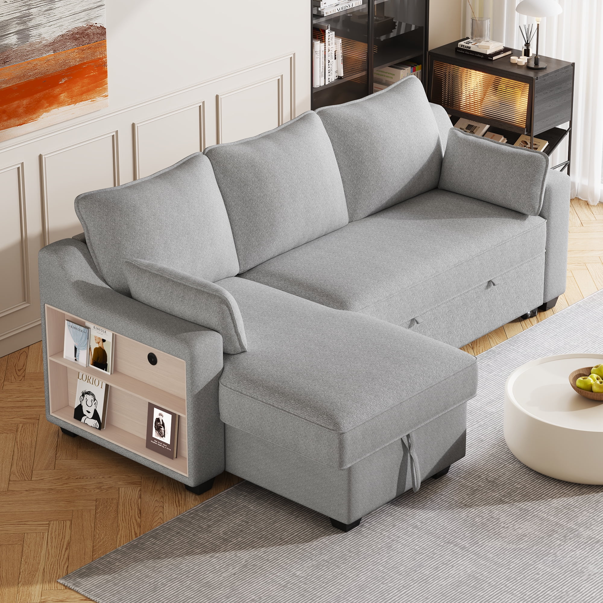 Pull Out Sleeper Sofa Modern L-Shaped Couch with Storage Racks and USB ...