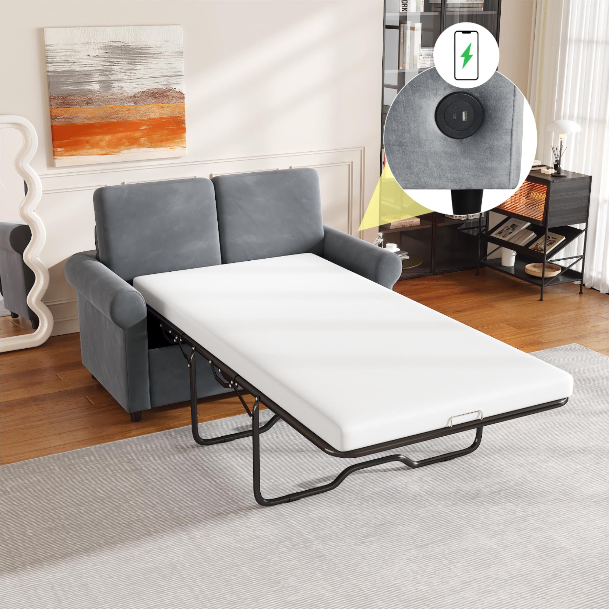 Pull Out Sofa Bed,57.4" Sleeper Sofa Bed with Twin Size Mattress Pad,2 ...