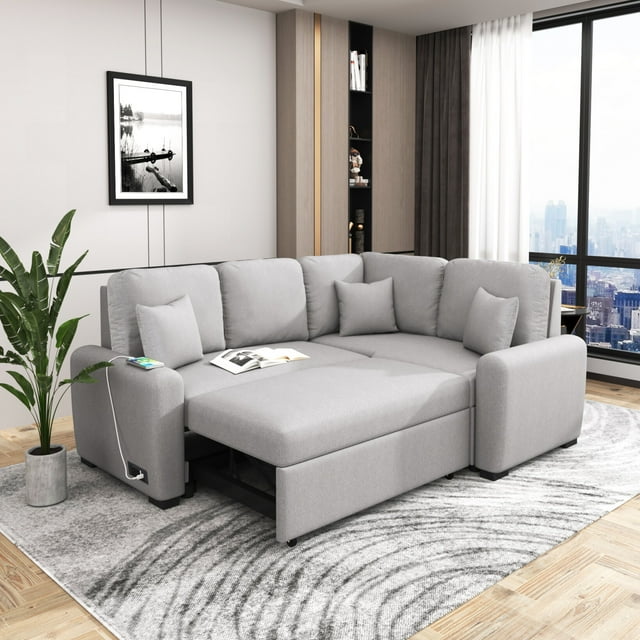 Pull Out Sofa Bed, 87.4" Sectional Sleeper Sofa with USB Charging Port ...
