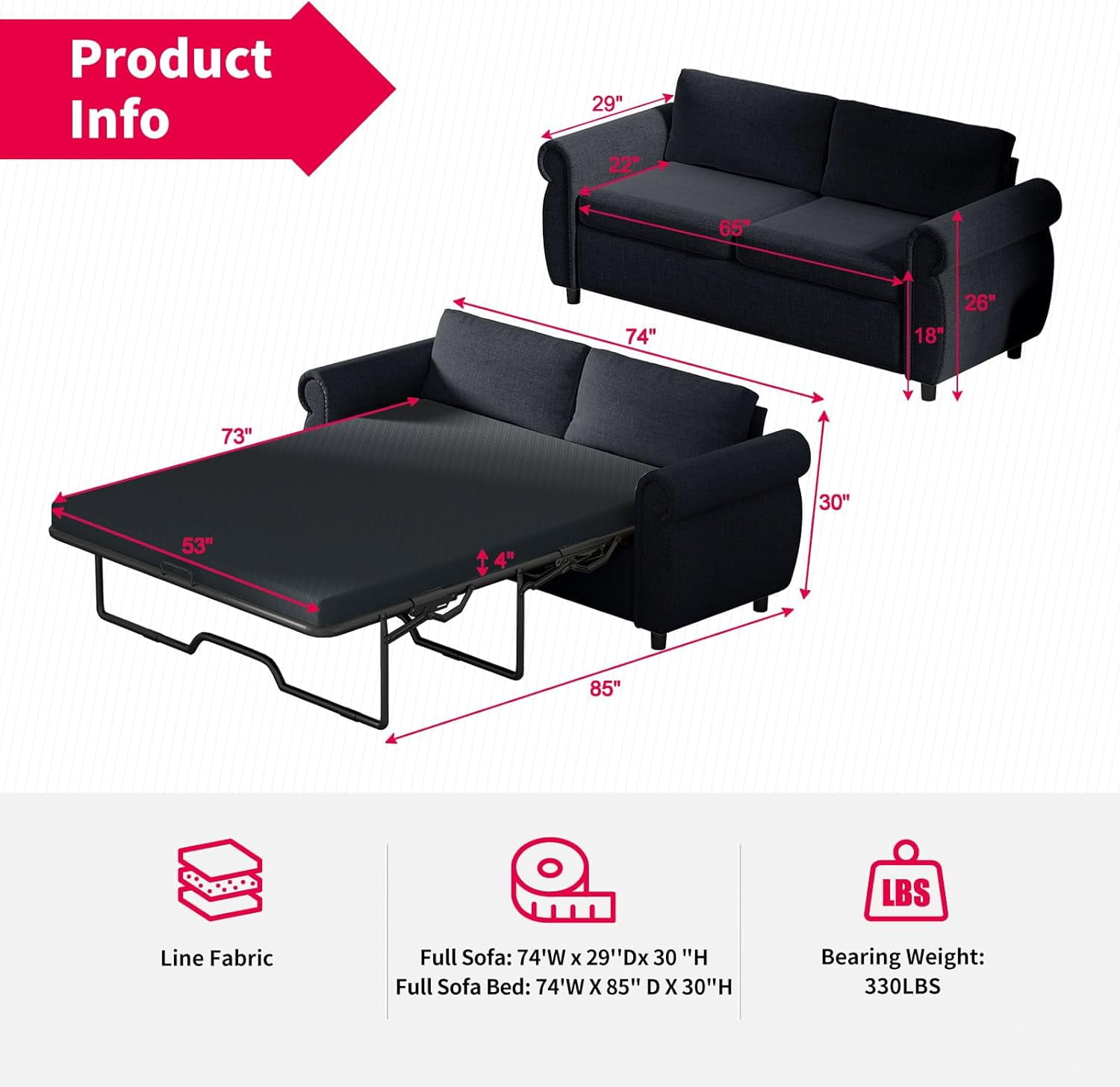 Pull-Out Sofa Bed with Memory Foam Mattress, Modern Linen Loveseat for ...