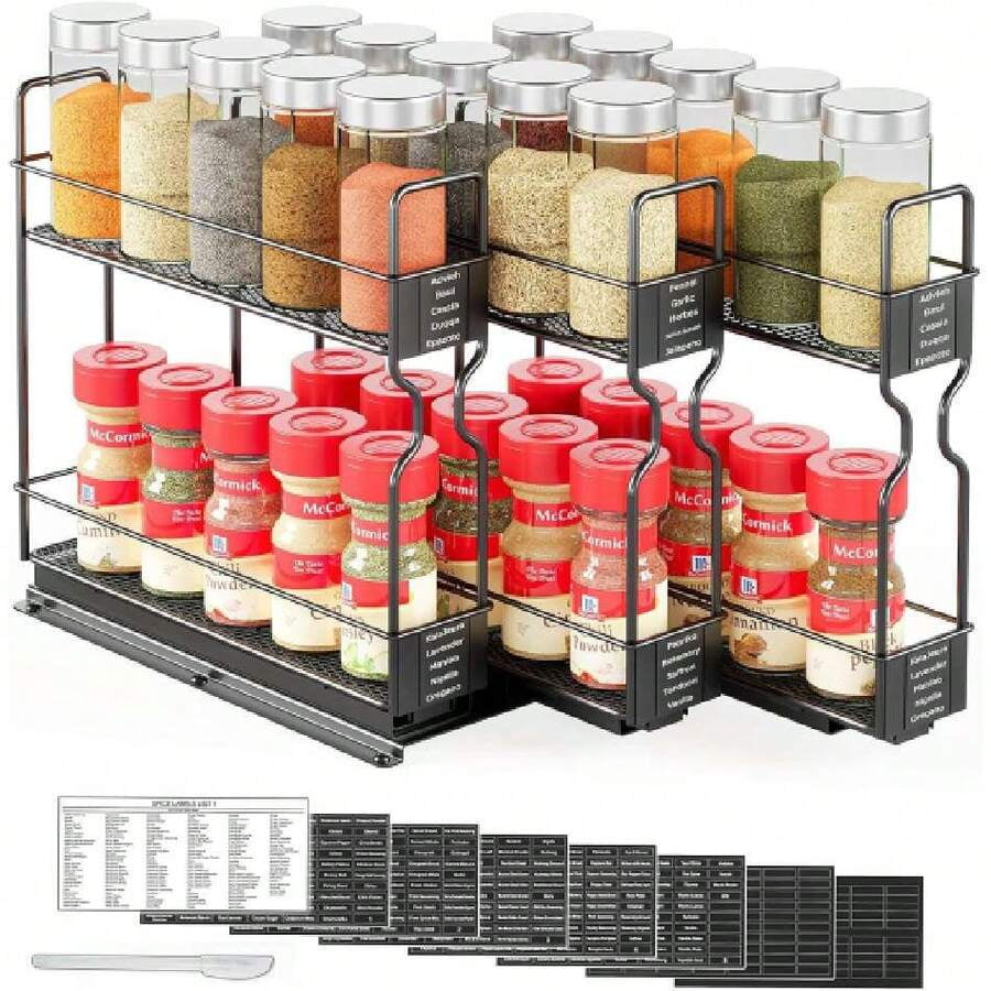 Pull Out Spice Rack Organizer with 3 Drawers & Labels, Heavy Duty Slide ...