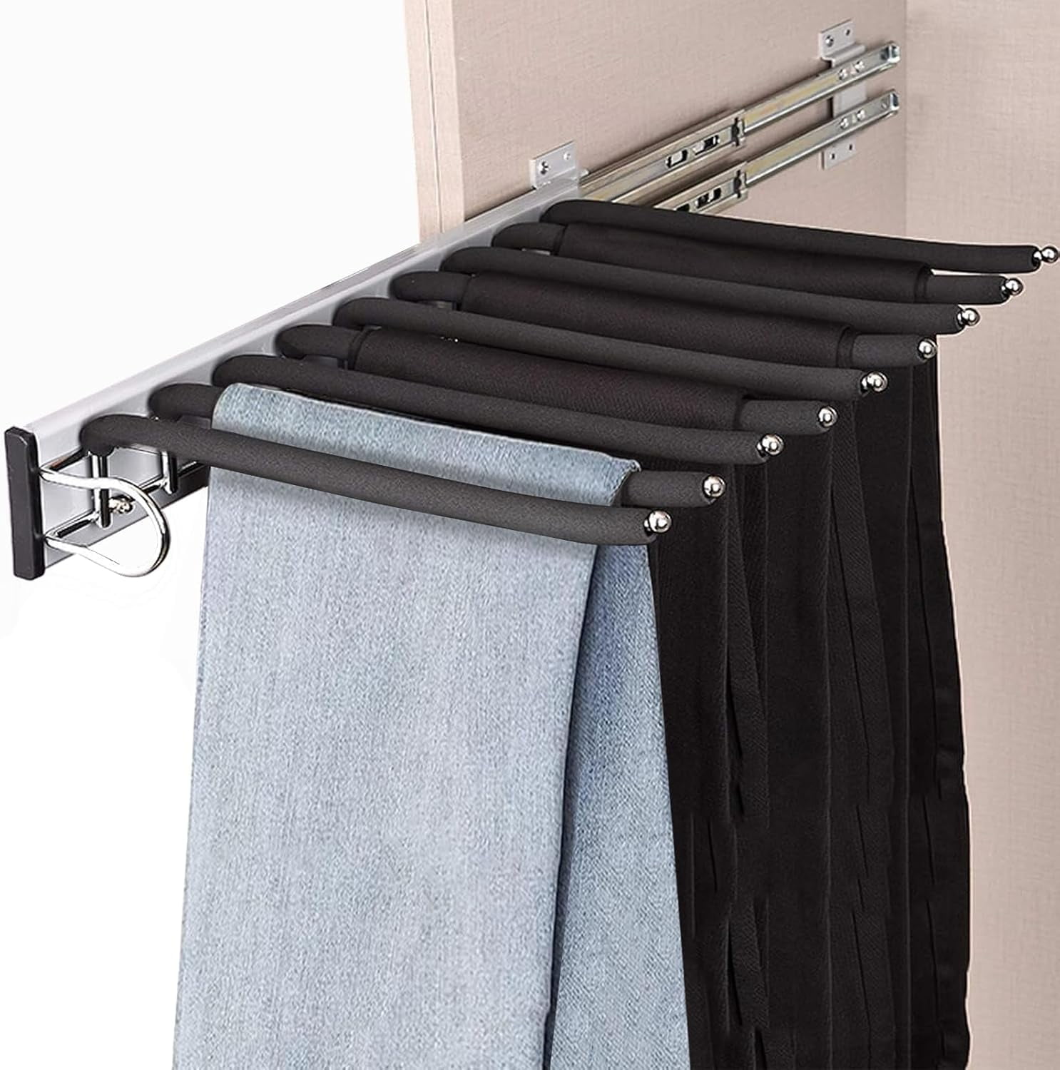 Pull Out Trousers Rack with 9 Arms, Retractable Space Saving Clothes ...