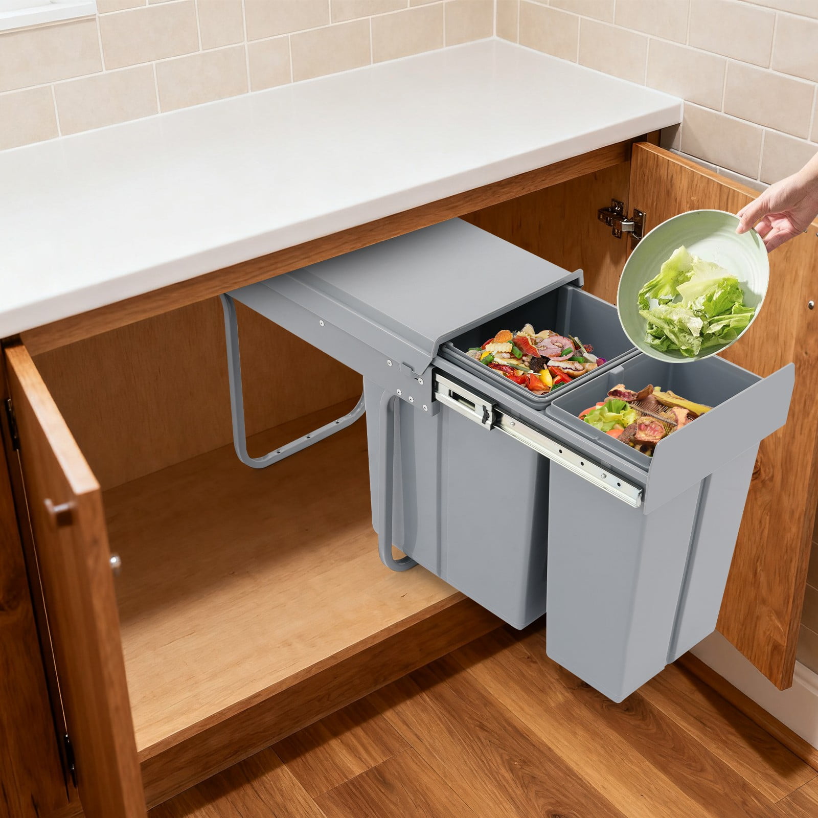 Pull Out Under Cabinet Trash Can, 10L + 20L Kitchen Cabinet Garbage Can ...
