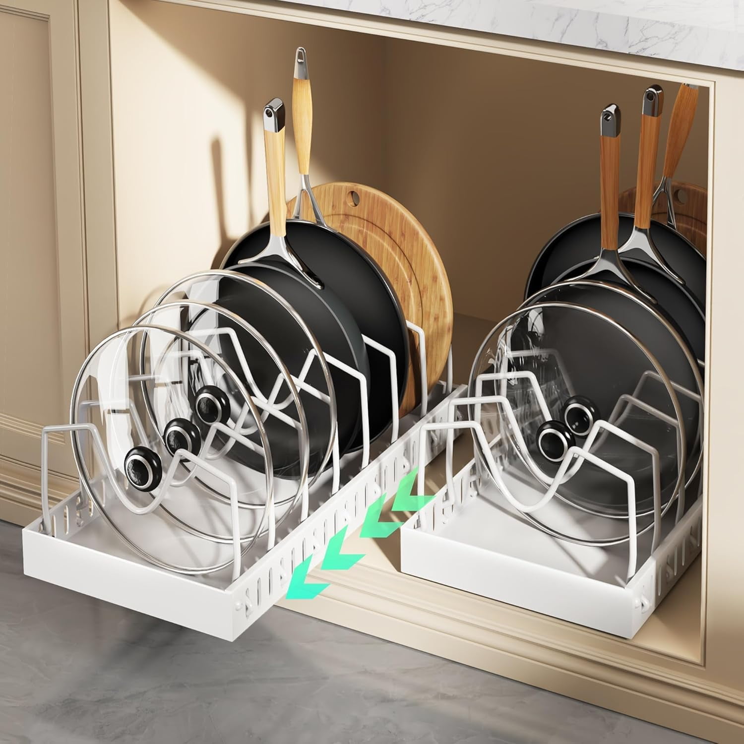 KEXIBO Pull-Out Pots And Pans Organizer, Adjustable Sliding Rack, White ...