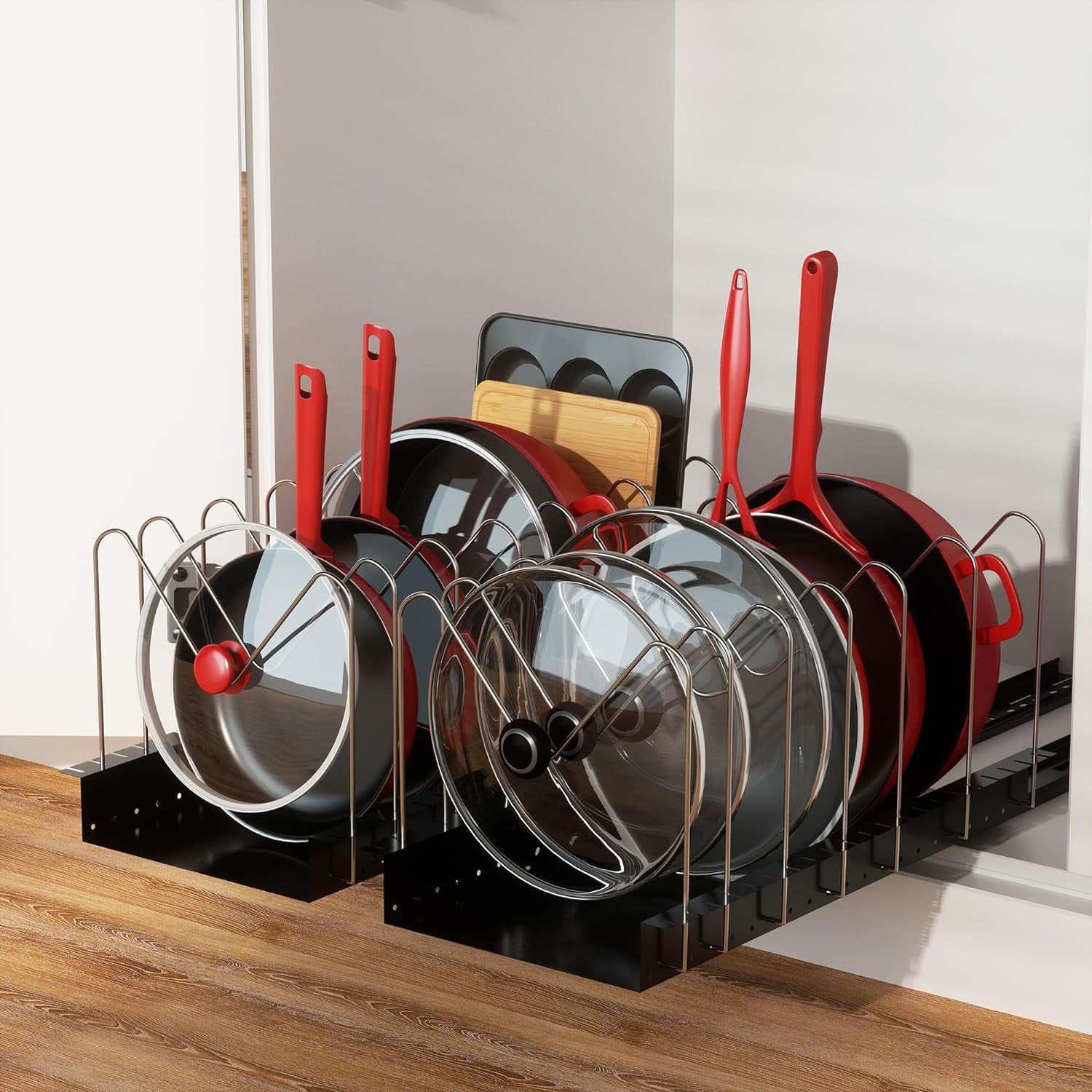 Pull Out Pots and Pans Organizer for Cabinet - Sliding Lid Holder and ...