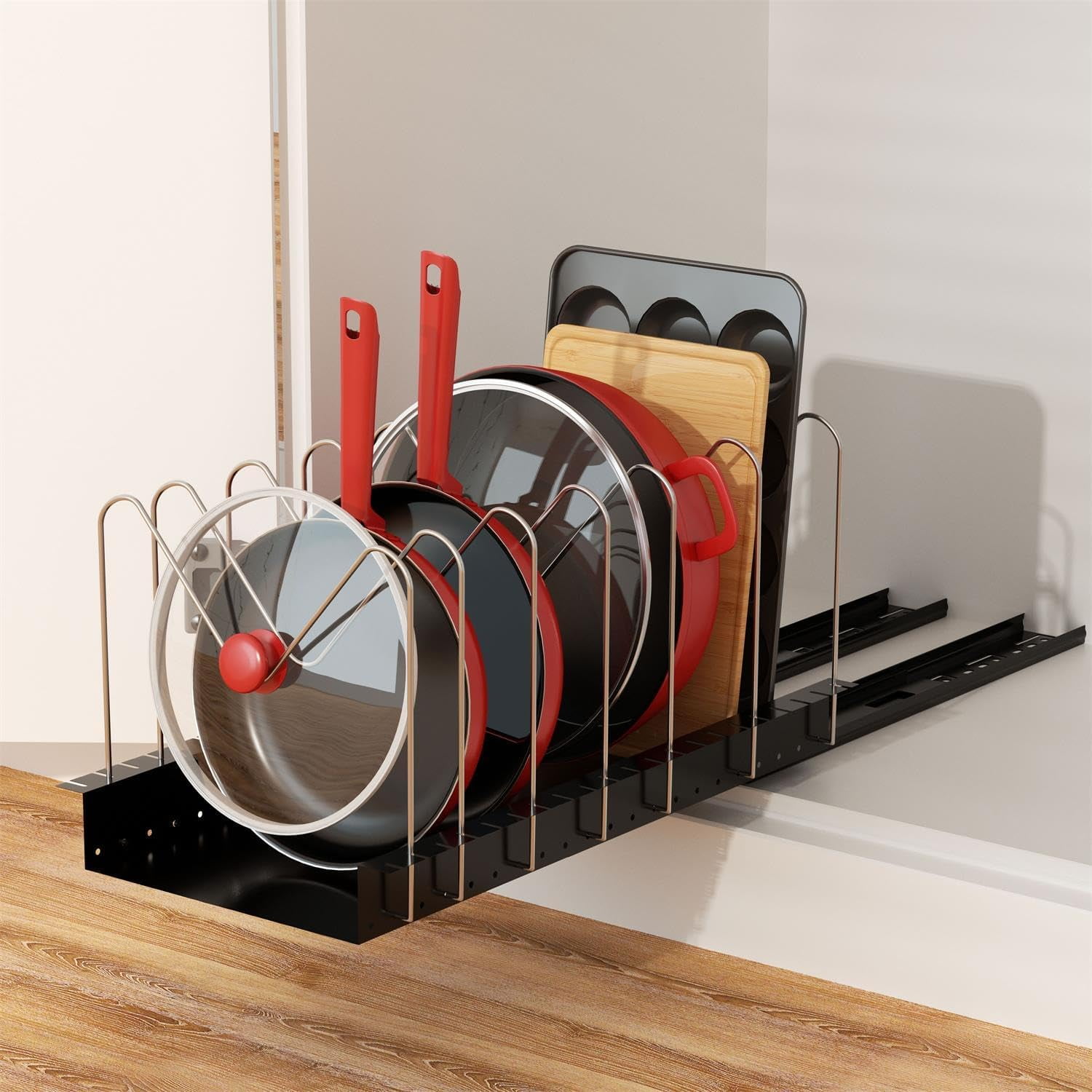 Pull Out Pots and Pans Organizer for Cabinet - Sliding Lid Holder and ...