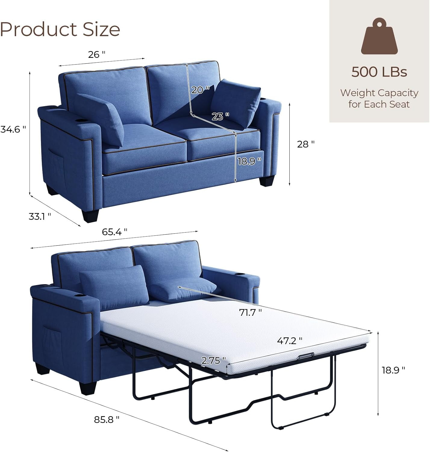 Pull Out Sofa Bed Full Size, 2 in 1 Sleeper Couch with Memory Foam Mattress, Solid Wood Frame ...