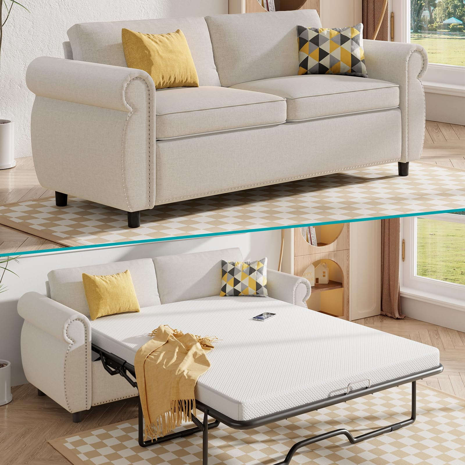 Pull Out Sofa Bed, Queen Sleeper Sofa Couch with Pullout Bed, 2-in-1 Convertible Pullout Couch ...