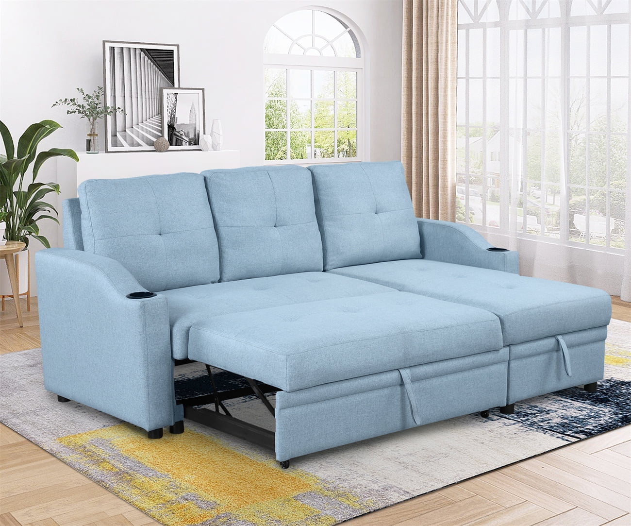 Pull Out Sofa Bed, Upholstered 3 Seater Couch with Storage Chaise and ...