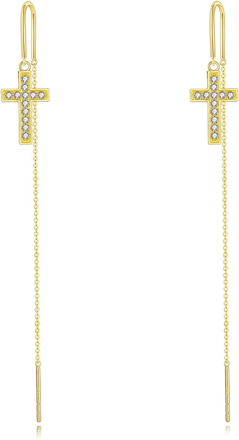 Gold Cross Dangle Earrings 14k Gold Long Piercing Pull Through Threader ...