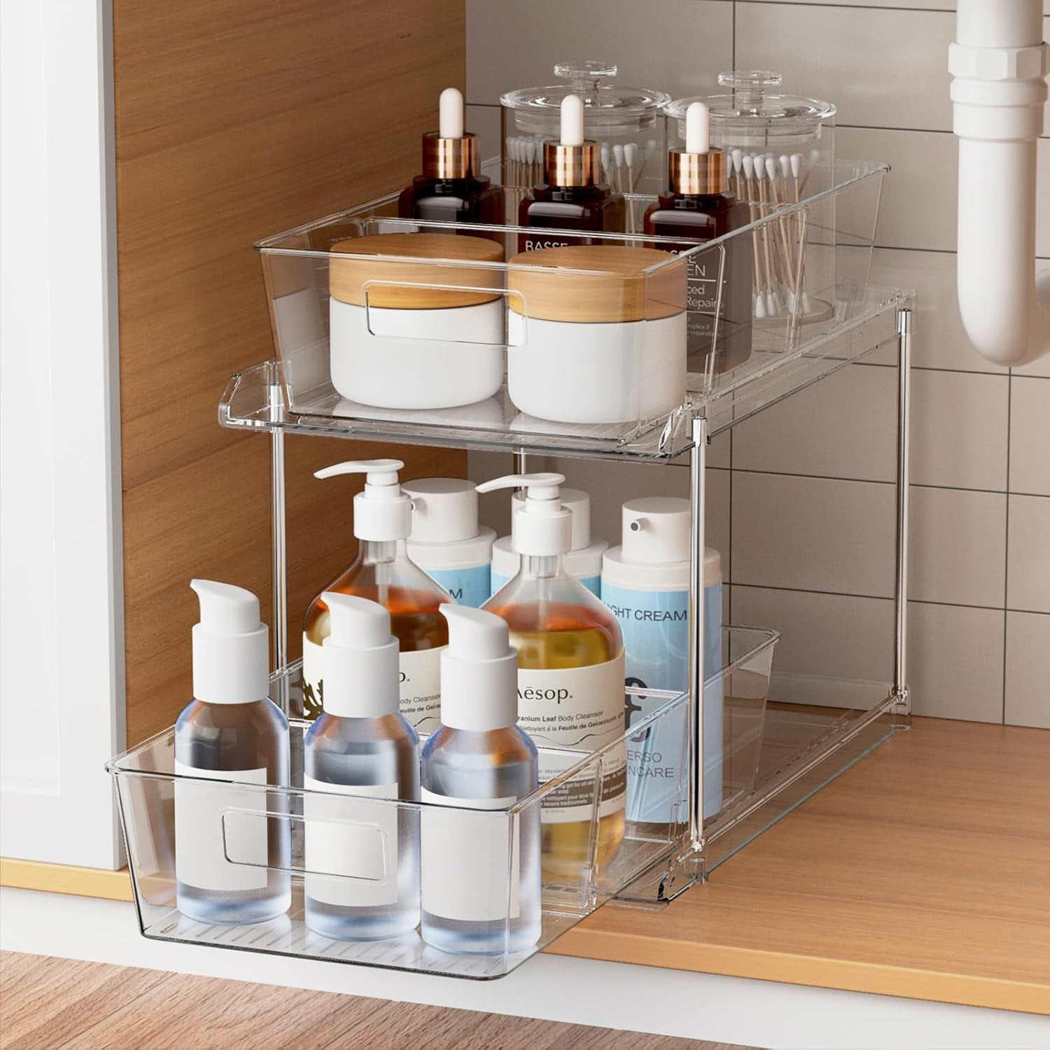 Pull out household storage box, double-layer transparent bathroom ...