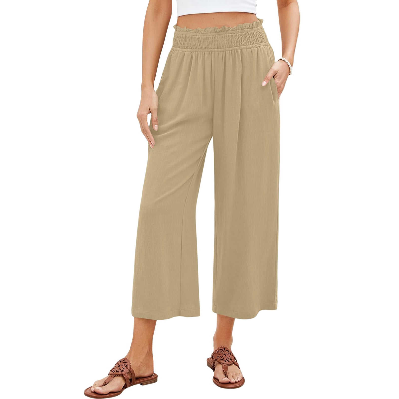 Pull on Linen Capri Pants for Women Elastic Bell Bottom Comfy Cropped ...