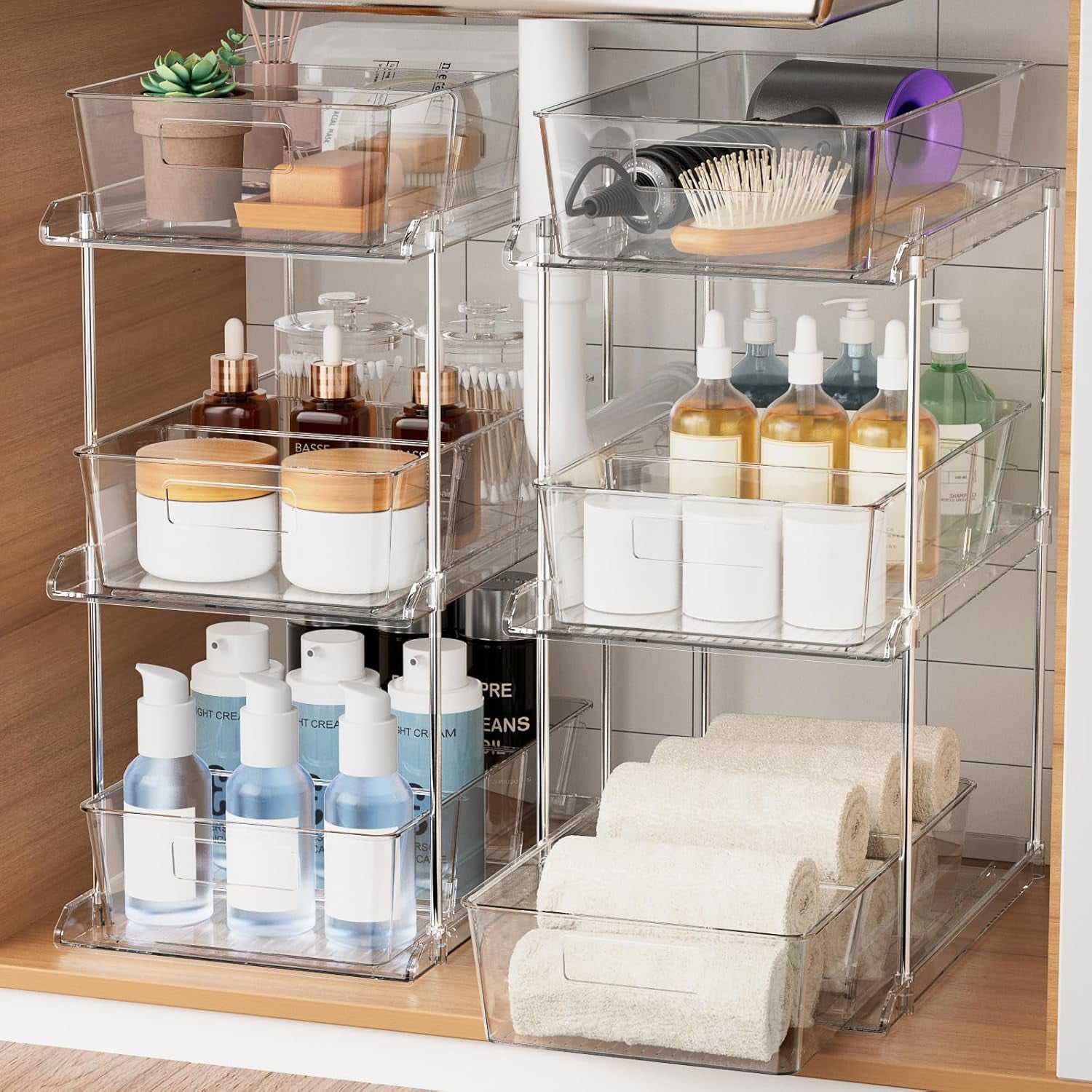 Pull-out Home Organizer, 3 Pack 2 Tier Clear Bathroom Organizer with ...