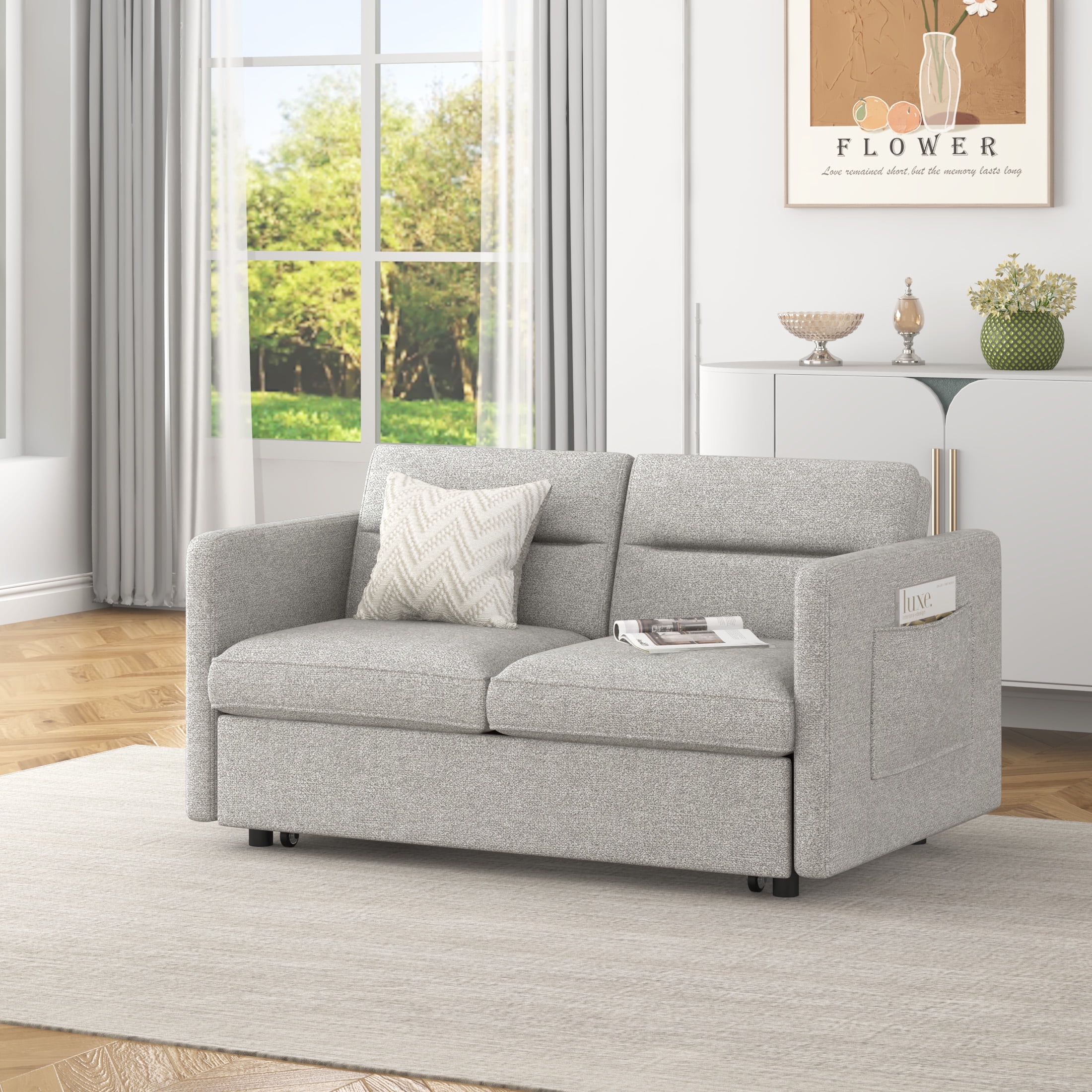 Pull-out Linen Double Sofa Bed, Adjustable Backrest, Storage Arm ...