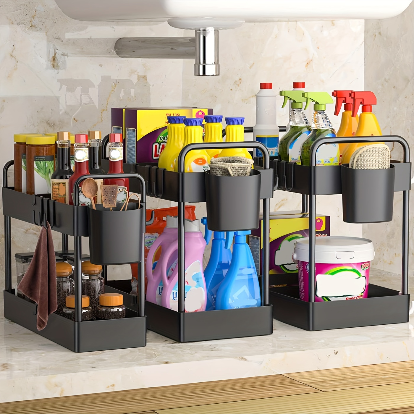 Pull-out organizer sink with divider 2-story bathroom organizer and ...