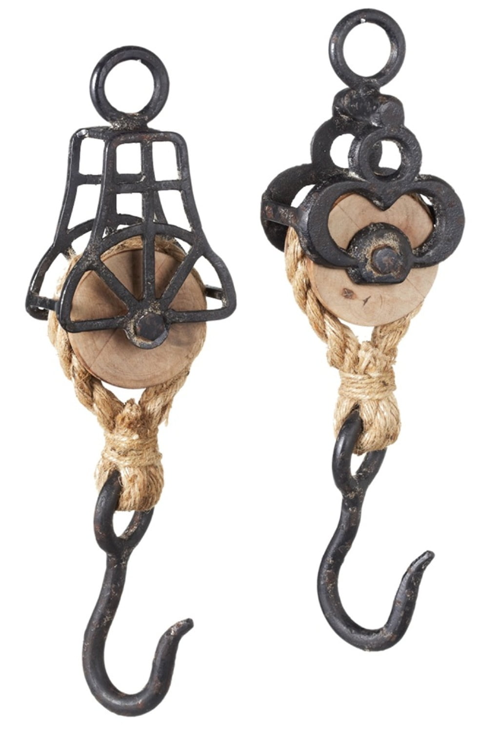 Pulleys Single Hooks Wall Decor Set of 2 Metal and Rope Industrial ...
