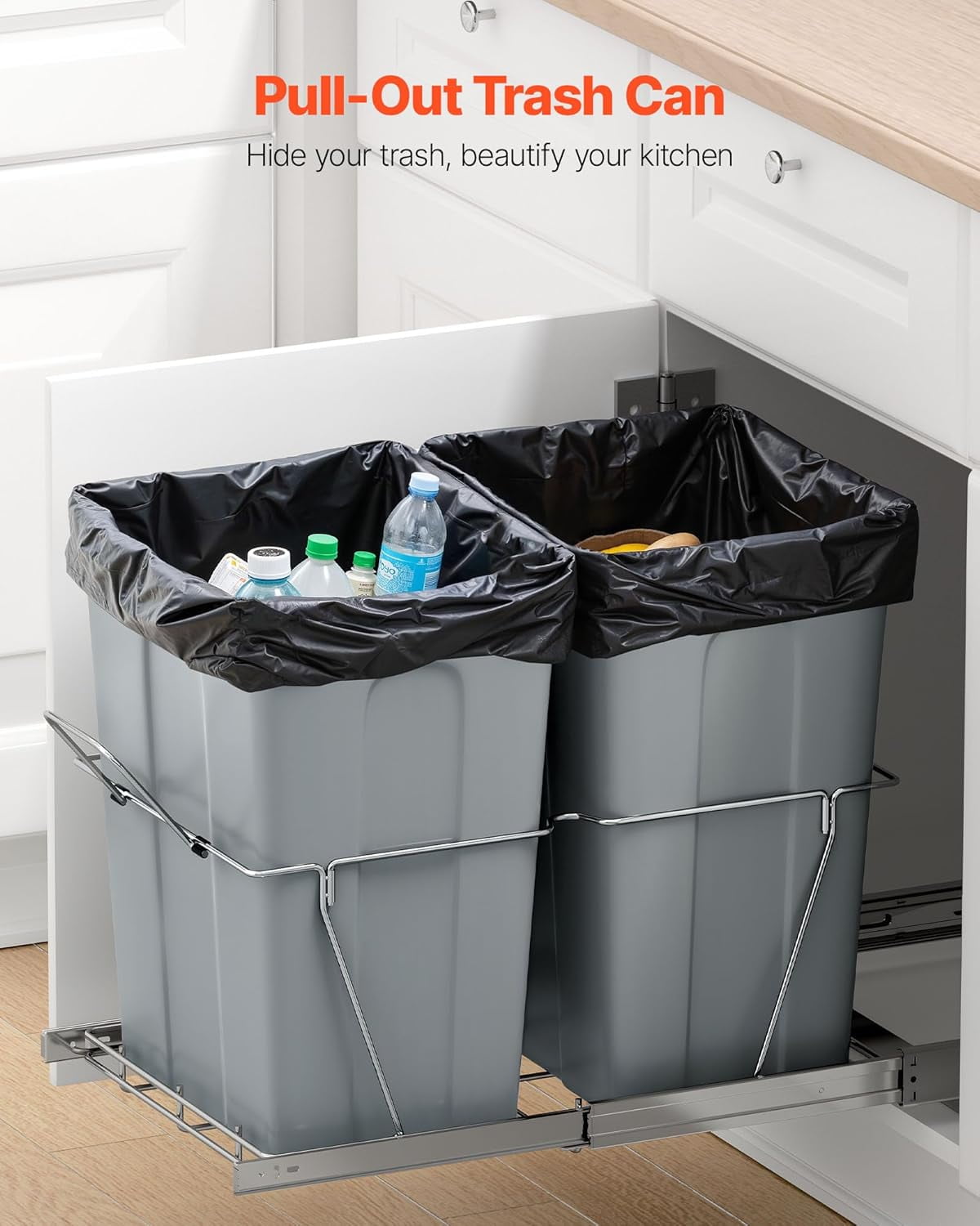 Pullout for Kitchen Cabinets, 35 QT x2 Double Under Sink Garbage Waste ...