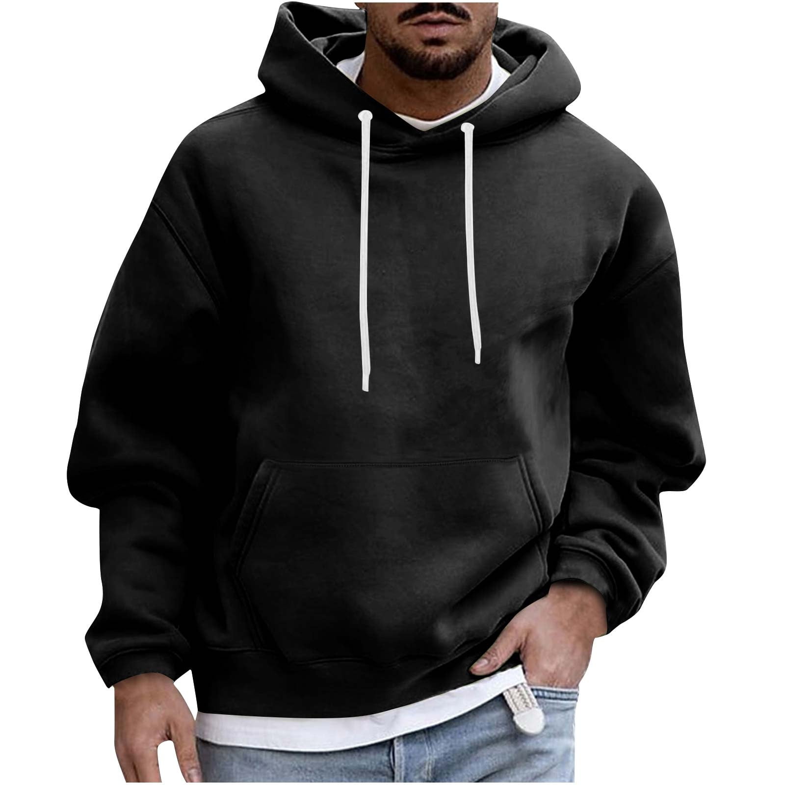 Pullover Plain Hoodie for Men Casual Front Pocket Long Sleeve Cotton ...