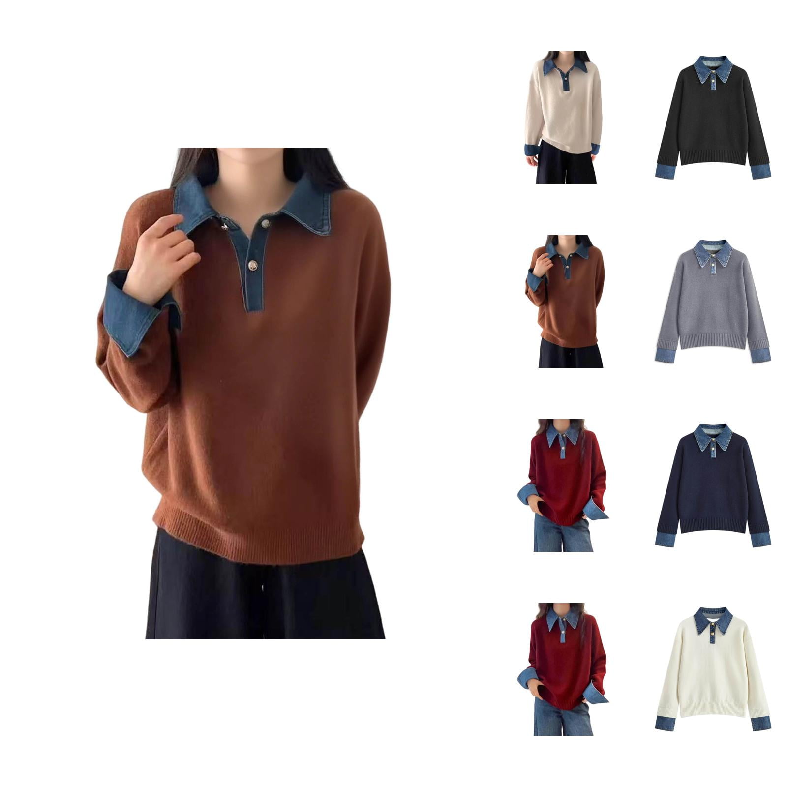Pullover Sweaters for Women 2025 Long Sleeve Button Collared Loose ...