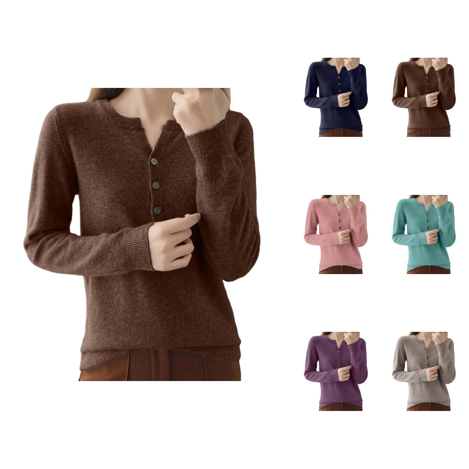 Pullover Sweaters for Women 2025 Long Sleeve V Neck Button Plain ...