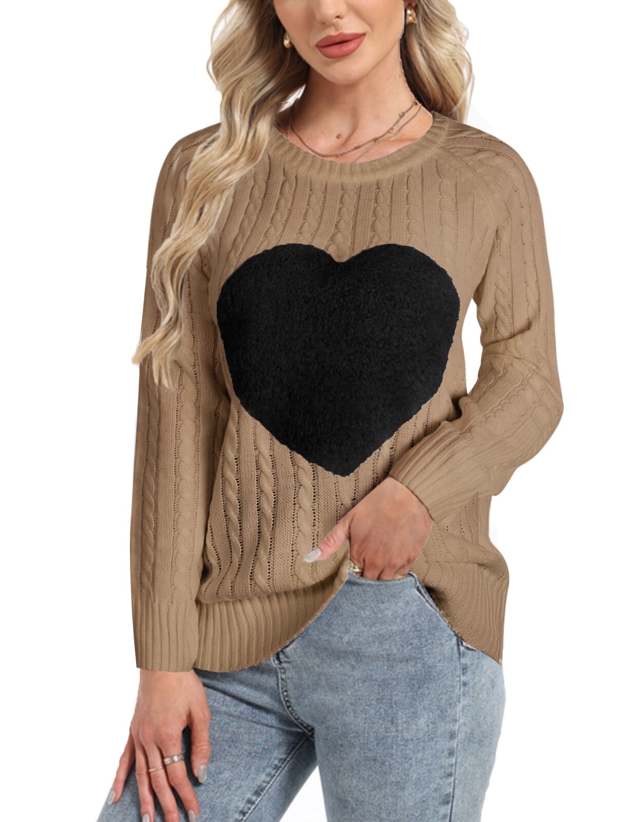 Pullover Sweaters for Women Cute Heart Print Valentines Day Cable ...