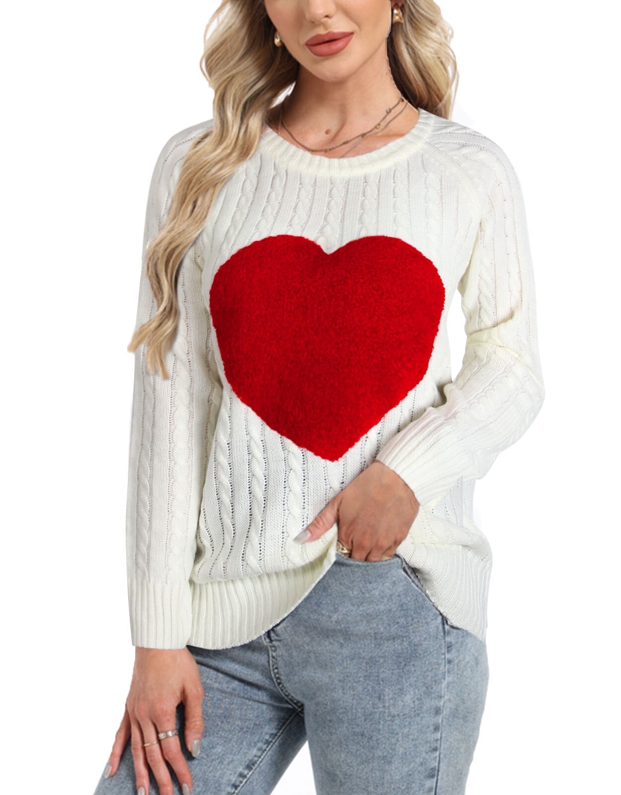 Pullover Sweaters for Women Cute Heart Print Valentines Day Cable ...