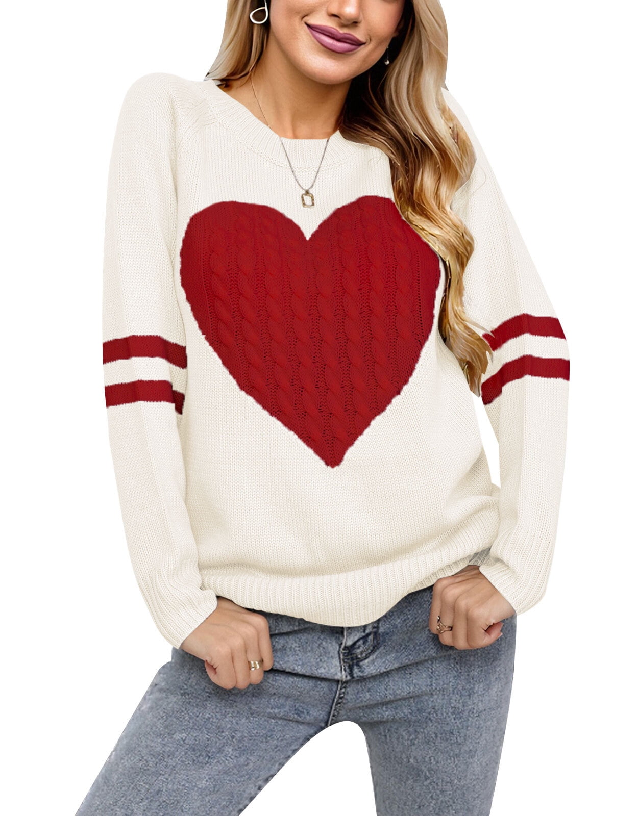 Pullover Sweaters for Women Cute Heart Print Valentines Day Crewneck ...