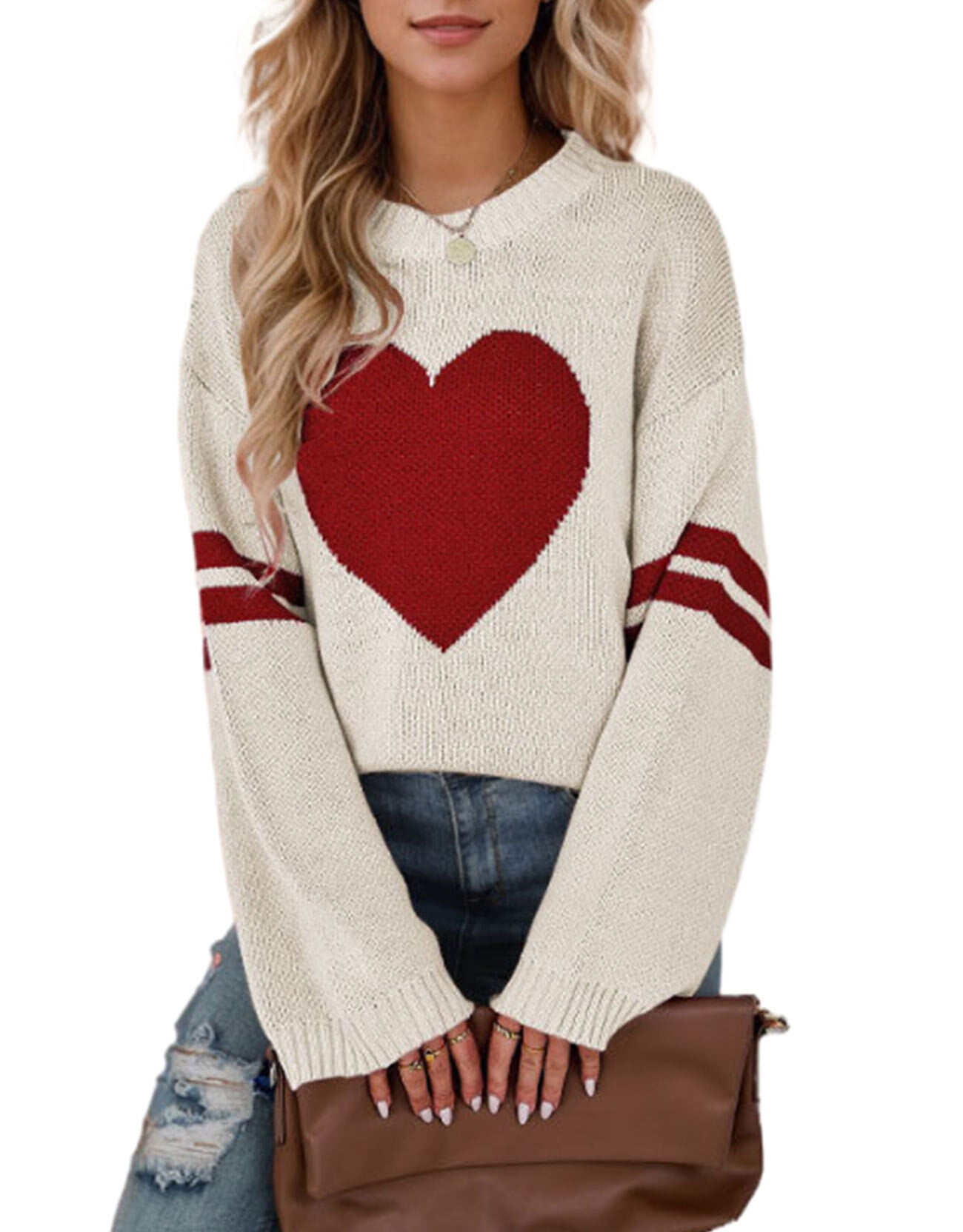 Pullover Sweaters for Women Cute Heart Print Valentines Day Crewneck Fall Winter Knitted Strie ...