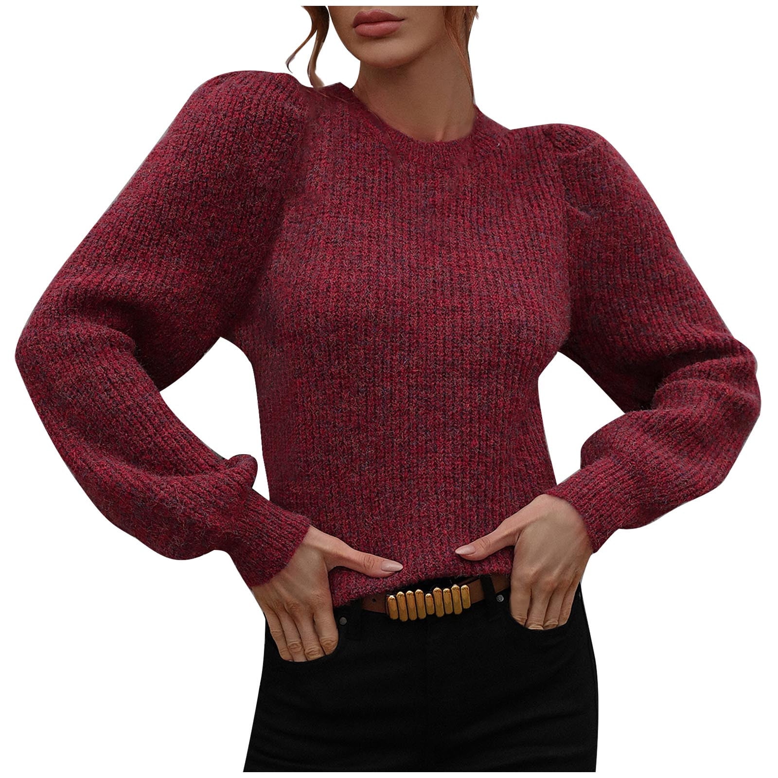 Pullover Sweaters for Women Puff Sleeve Pullover Sweater Round Neck Soft Sweater Slim Fit Solid ...