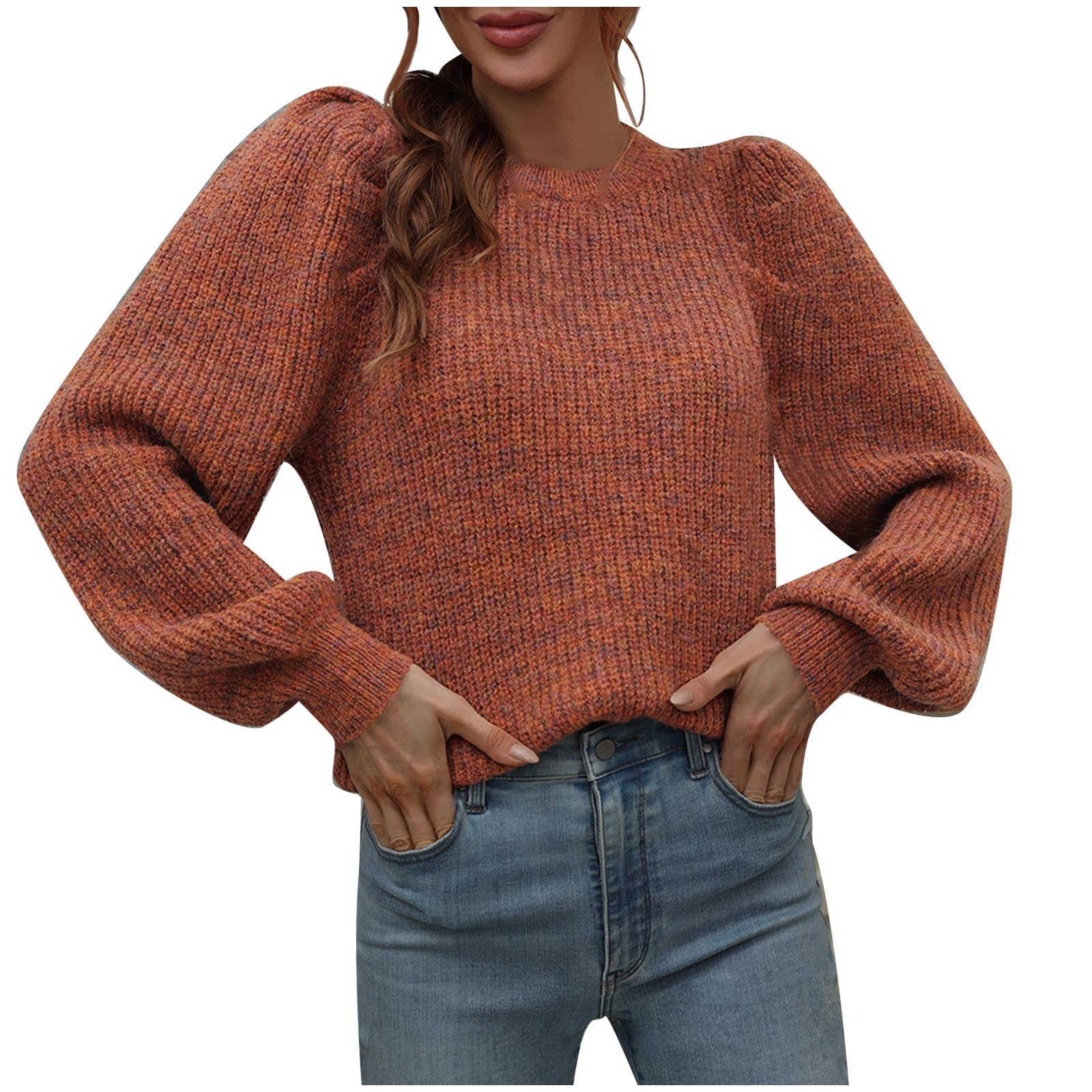 Pullover Sweaters for Women Puff Sleeve Pullover Sweater Round Neck ...