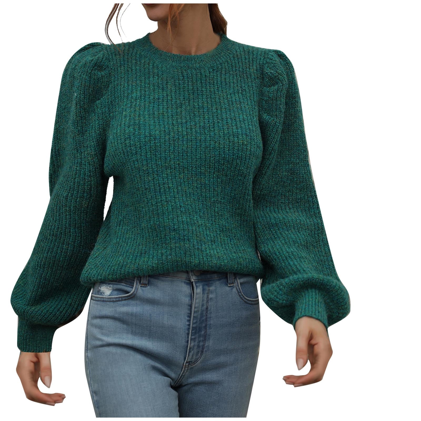 Pullover Sweaters for Women Puff Sleeve Pullover Sweater Round Neck Soft Sweater Slim Fit Solid ...