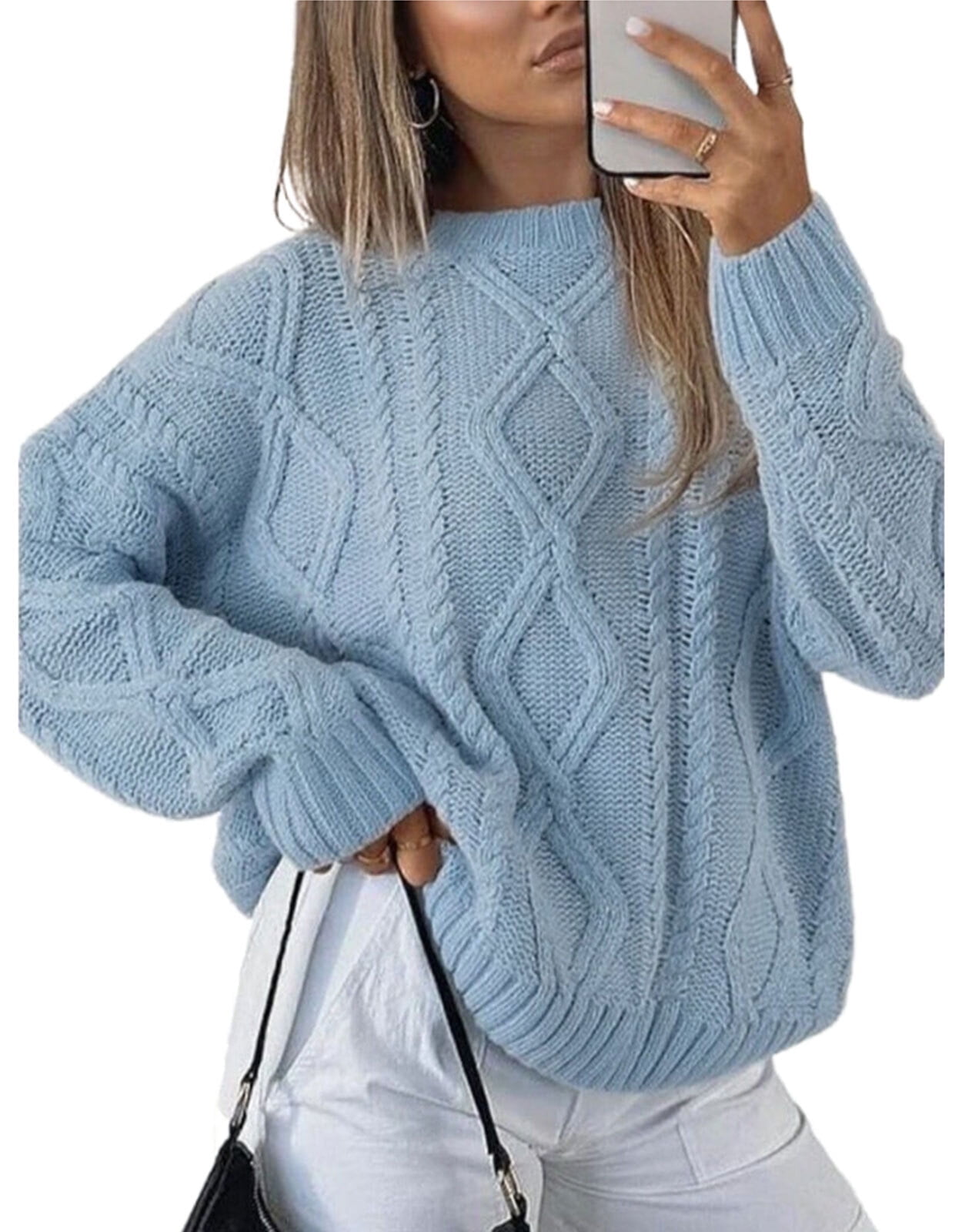 Pullover Sweaters for Women Ribbed Crew Neck Sweater Chunky Cable Knit ...