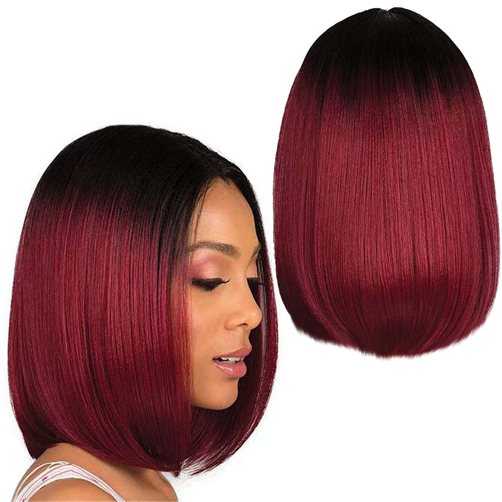Pullover Toupee-Short Bob Wigs for Women，12 Inch Red Wine Wigs Straight ...