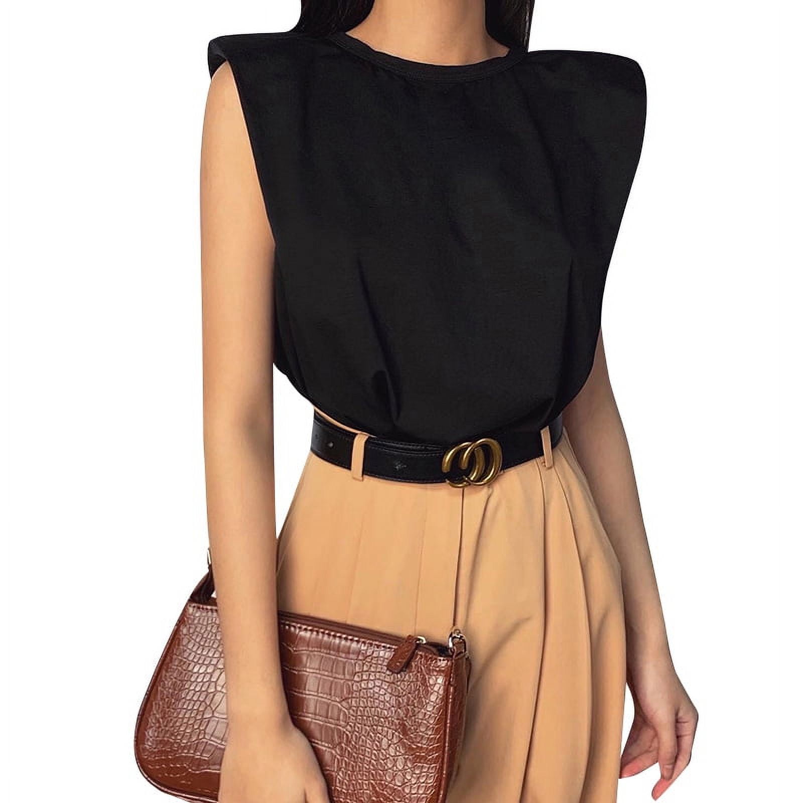 Puloru Women Padded Shoulder T-shirts Sleeveless Solid Color Round Neck ...