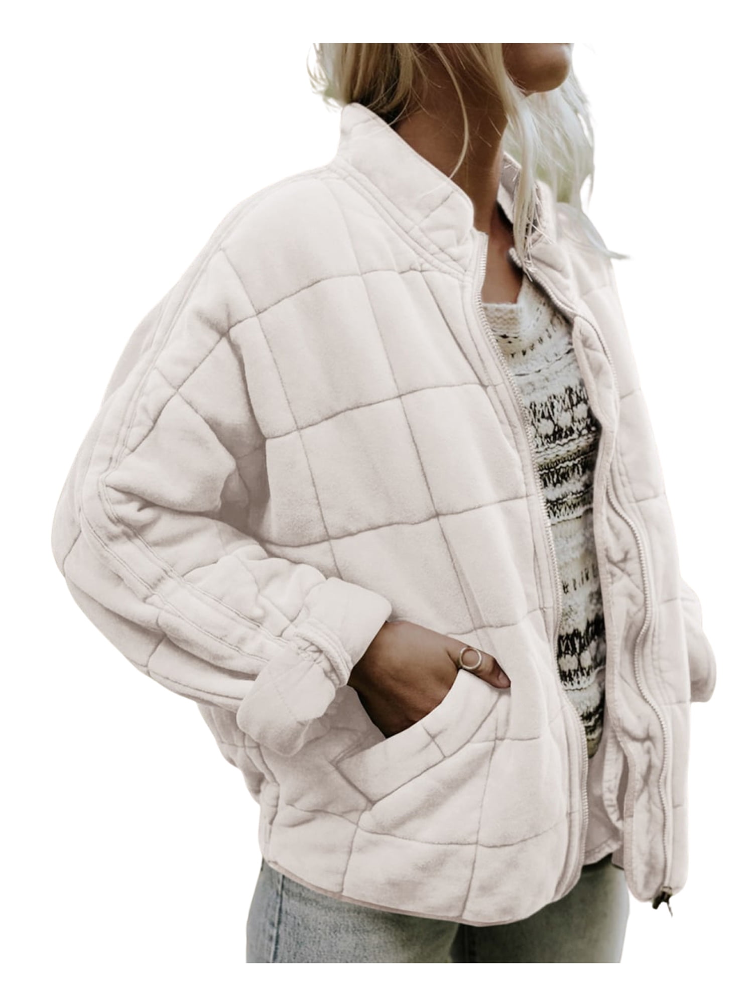 Puloru Women Stand Collar Long Sleeve Full Zip Quilted Jackets ...