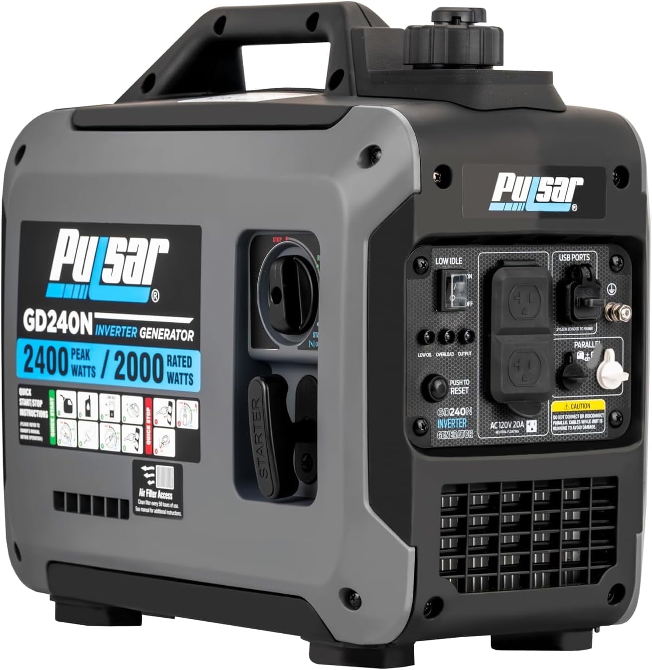 Pulsar 2400W Portable Quiet Inverter Generator, Gas Powered, USB Type-A ...