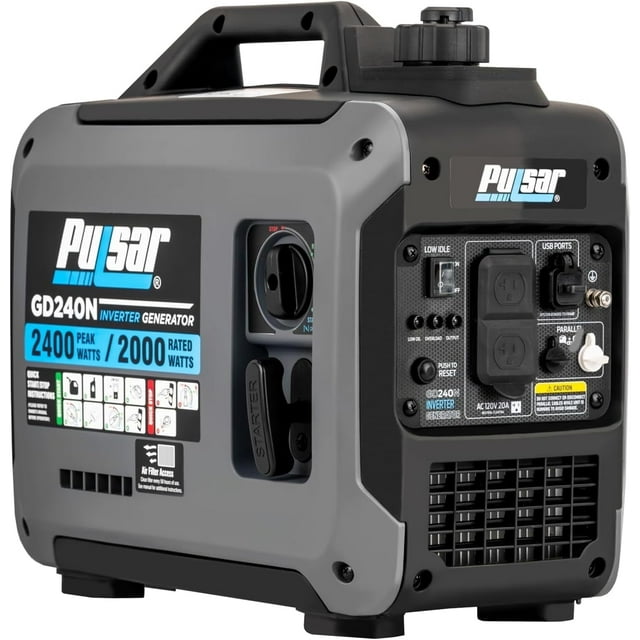 Pulsar 2400W Portable Quiet Inverter Generator, Gas Powered, USB Type-A ...