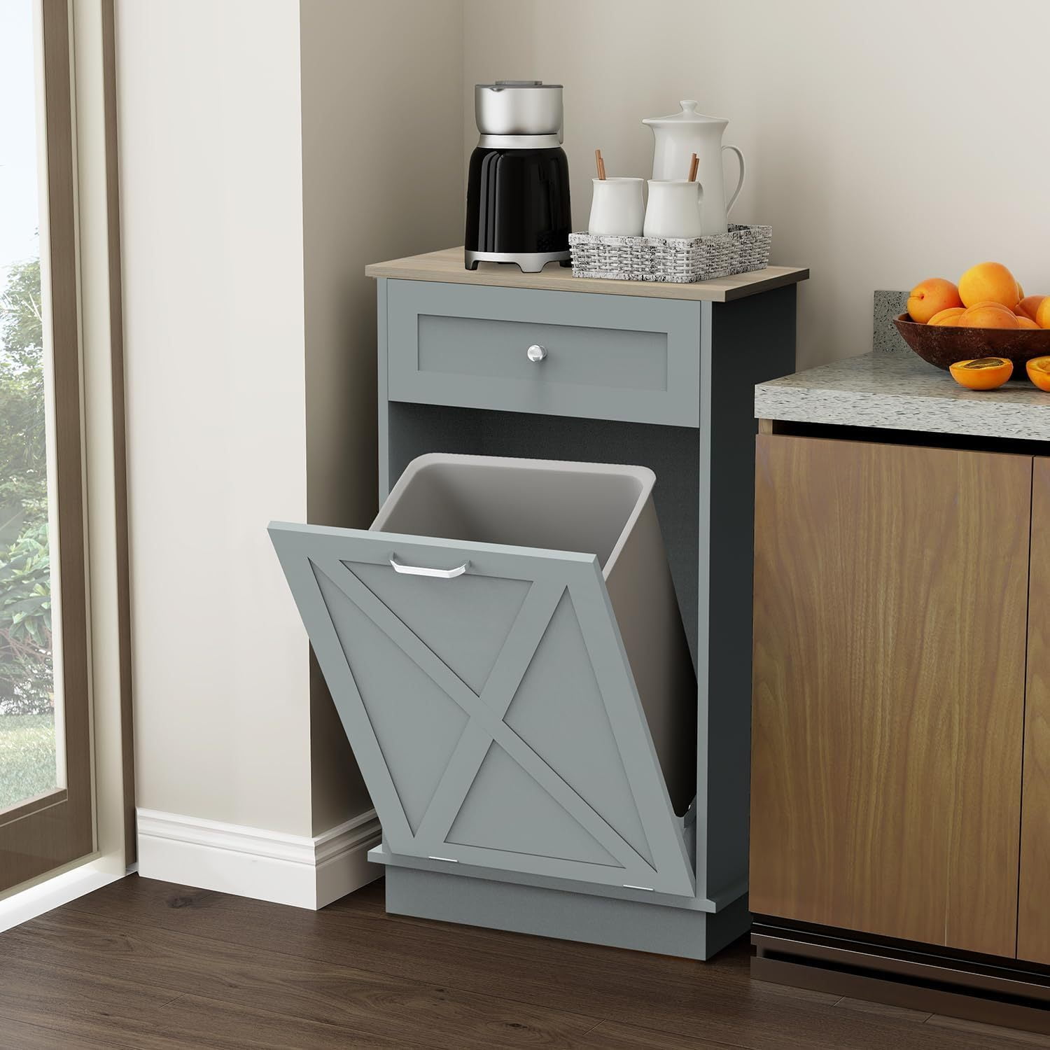 Puluomis Tilt Out Trash Cabinet-Free Standing Kitchen Waste Bin-Wooden ...