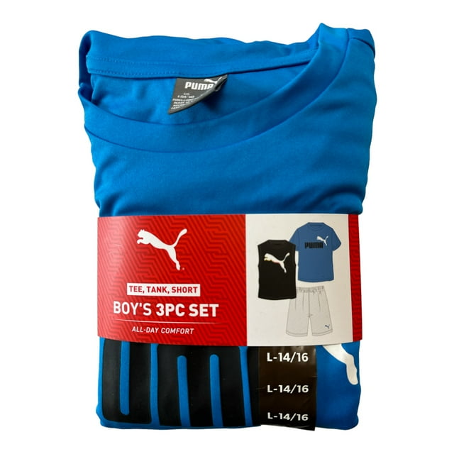 Puma Boy's 3-Piece All Day Comfort Tee, Tank, & Short Active Set (Cyan ...
