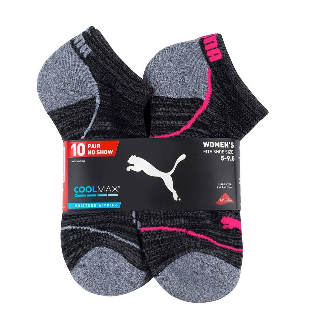 PUMA Ladies CoolMax No Show Socks, Black, 10 Pairs, Half Cushion, Arch ...