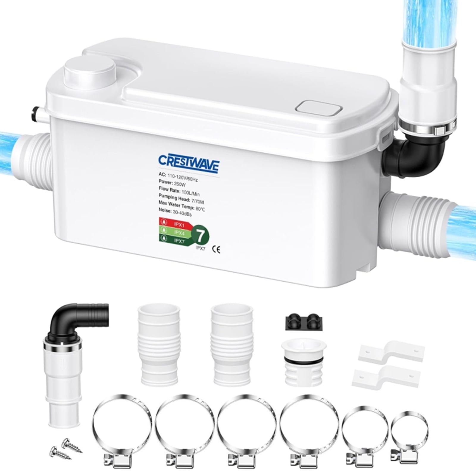 Pump Sink Sewerage Pump, 250W Sewerage Sump Pump Upflush to 22.9ft/7 m ...