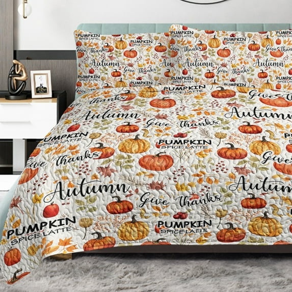 Pumpkin Autumn Leaves Design Quilt Set 3 Pieces King Size All Seasons ...