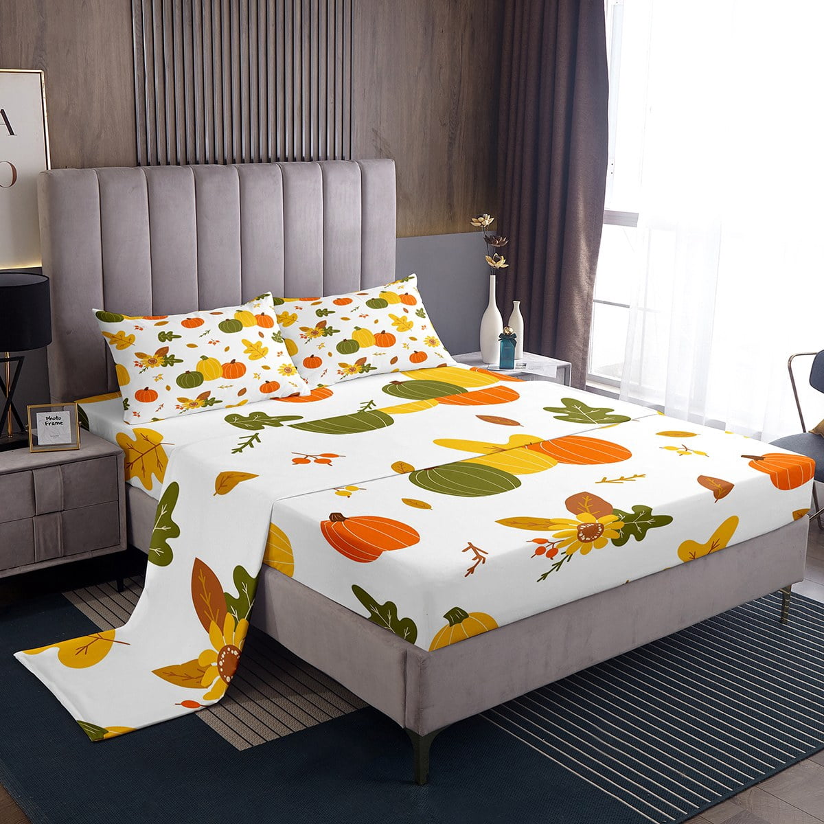 Pumpkin Bed Sheets Set Twin Size, Autumn Botanical Summer Floral Sheets ...