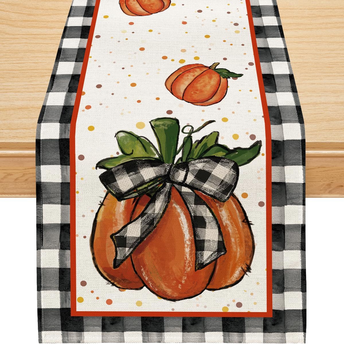 Smile Orange Polka Dot Pumpkin Eucalyptus Wood Fall Table Runner, Seasonal Autumn Kitchen Dining ...